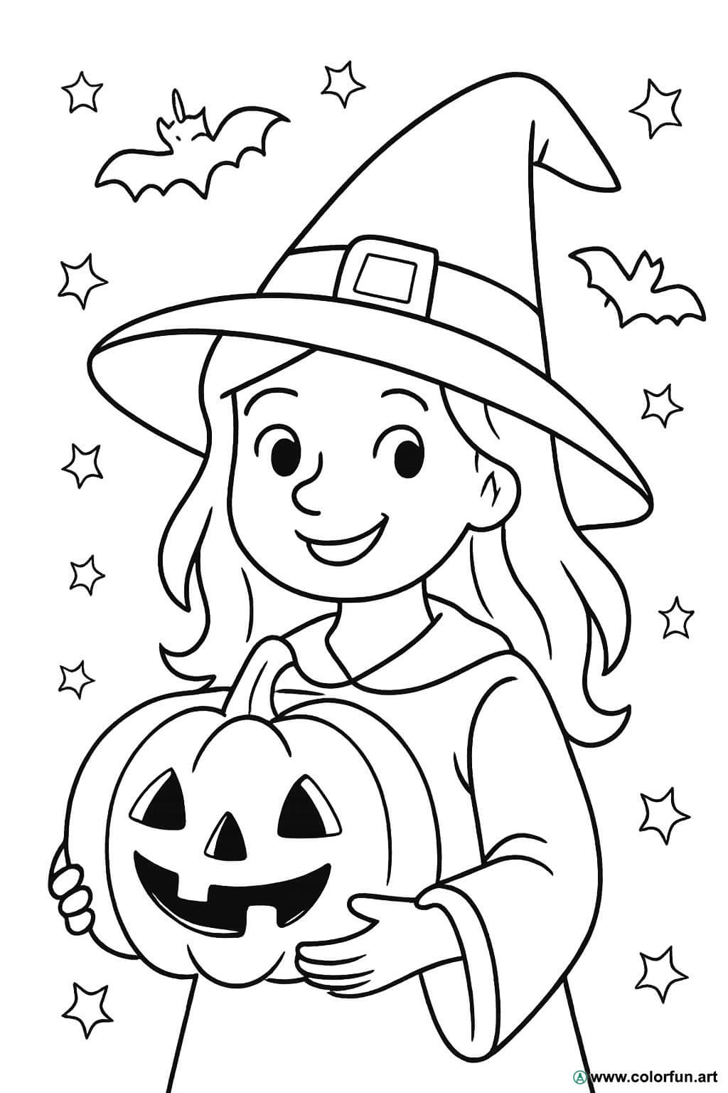 Halloween coloring page: pumpkin and witch Download or Print for free
