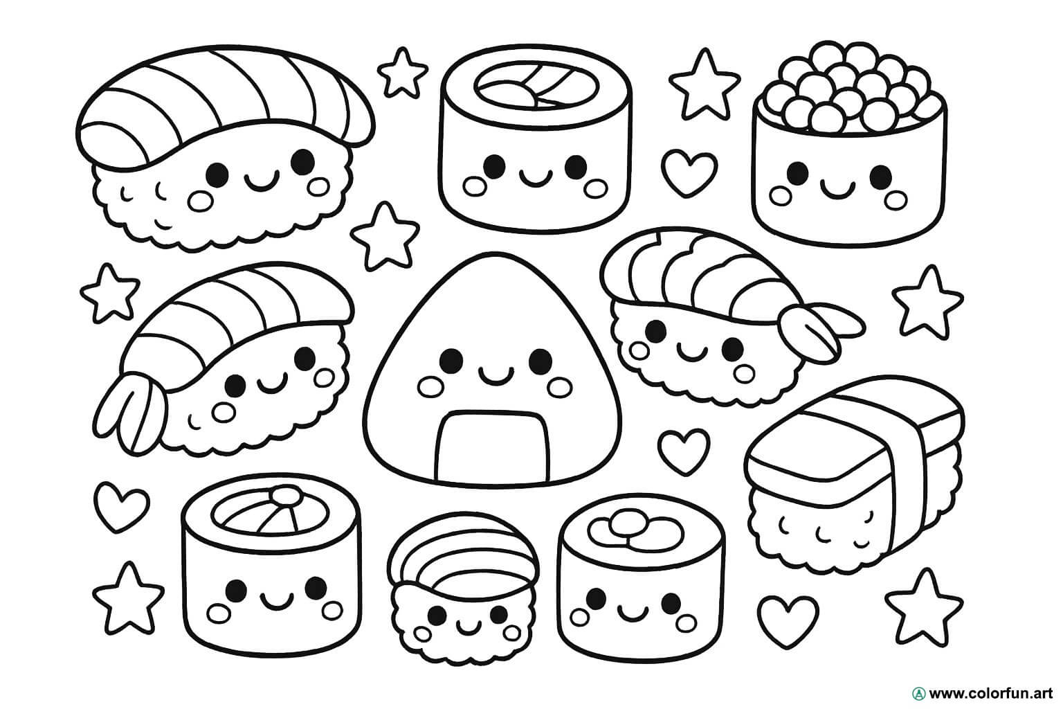 Kawaii Japanese coloring page of cute sushi Download or Print for free