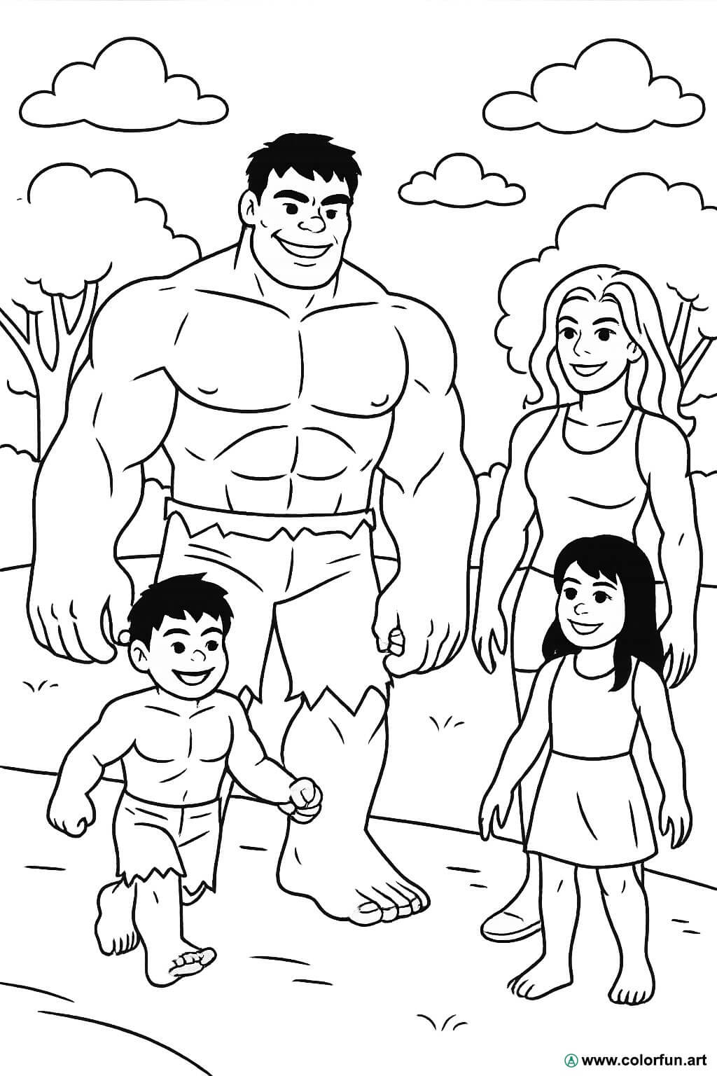 Coloriage de Hulk en famille à Télécharger ou à Imprimer gratuitement