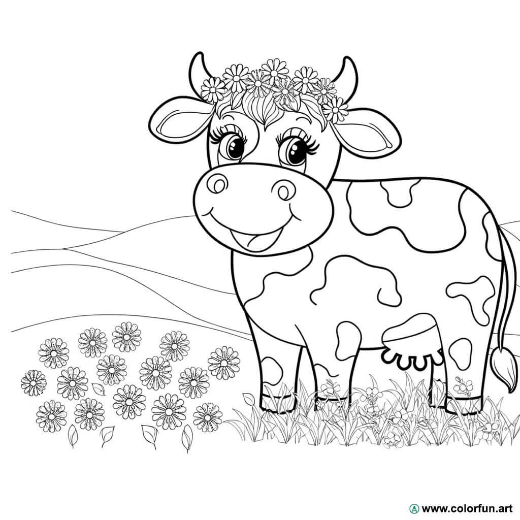 Cow coloring page with flowers Download or Print for free