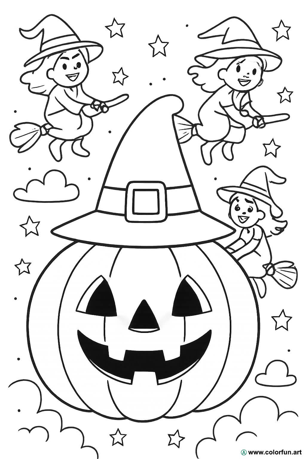 Halloween coloring page with pumpkins and witches Download or Print for ...