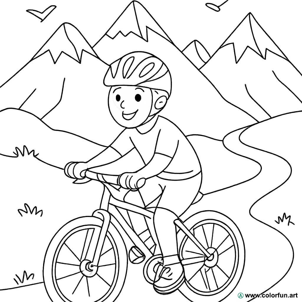 Coloring page of a cyclist in the mountains Download or Print for free