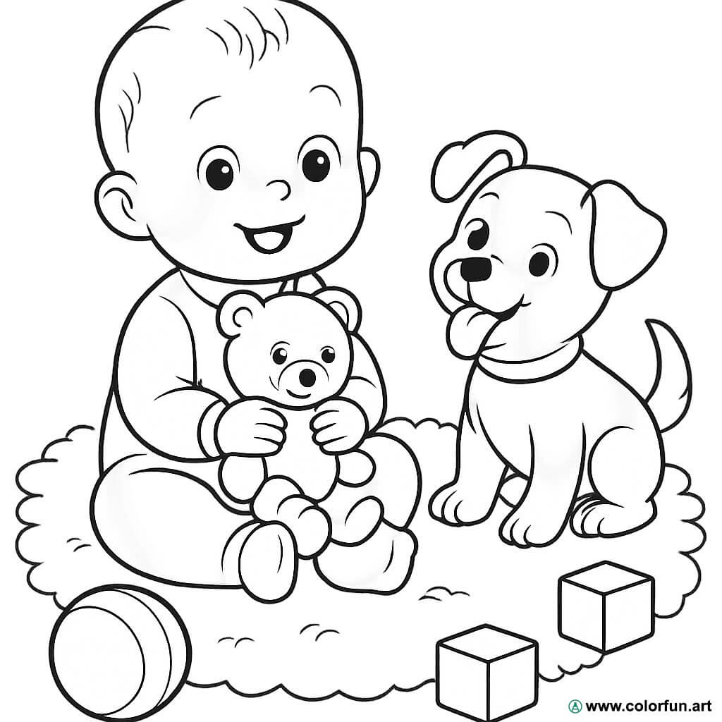 Coloriage d'un bébé humain avec un chien à Télécharger ou à Imprimer ...