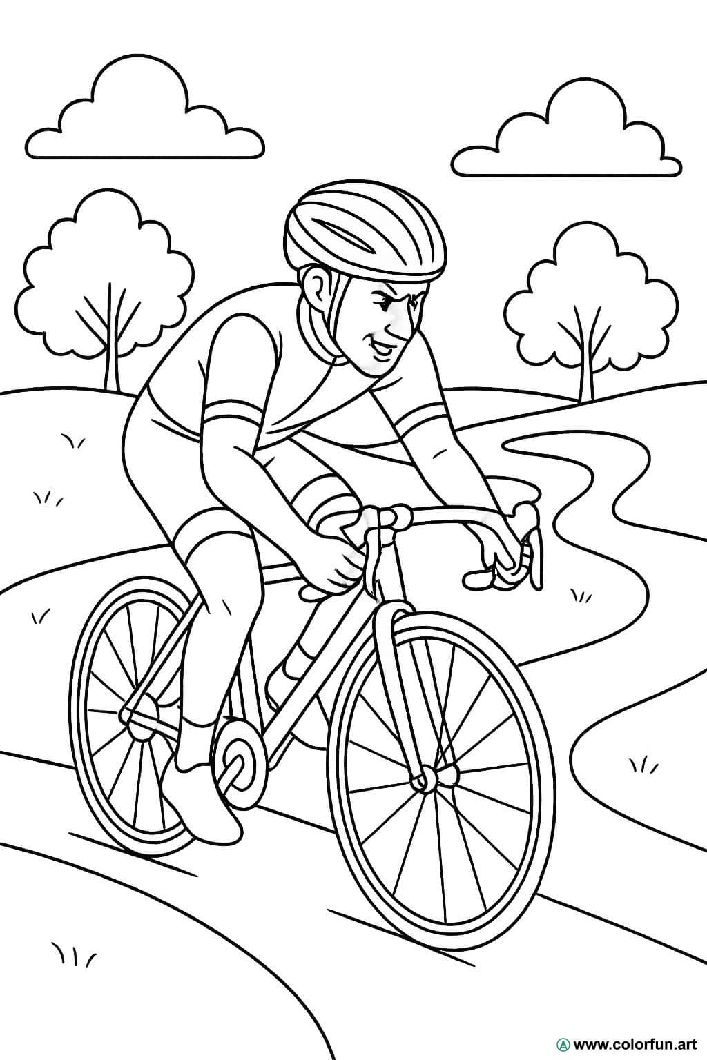 Coloring page of a cyclist in a race Download or Print for free