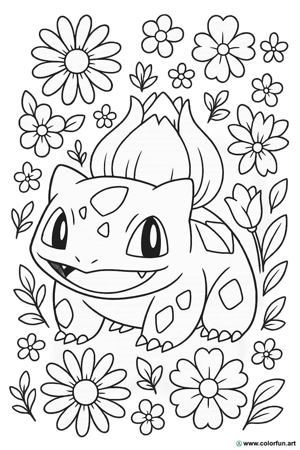 Bulbasaur coloring page with flowers Download or Print for free