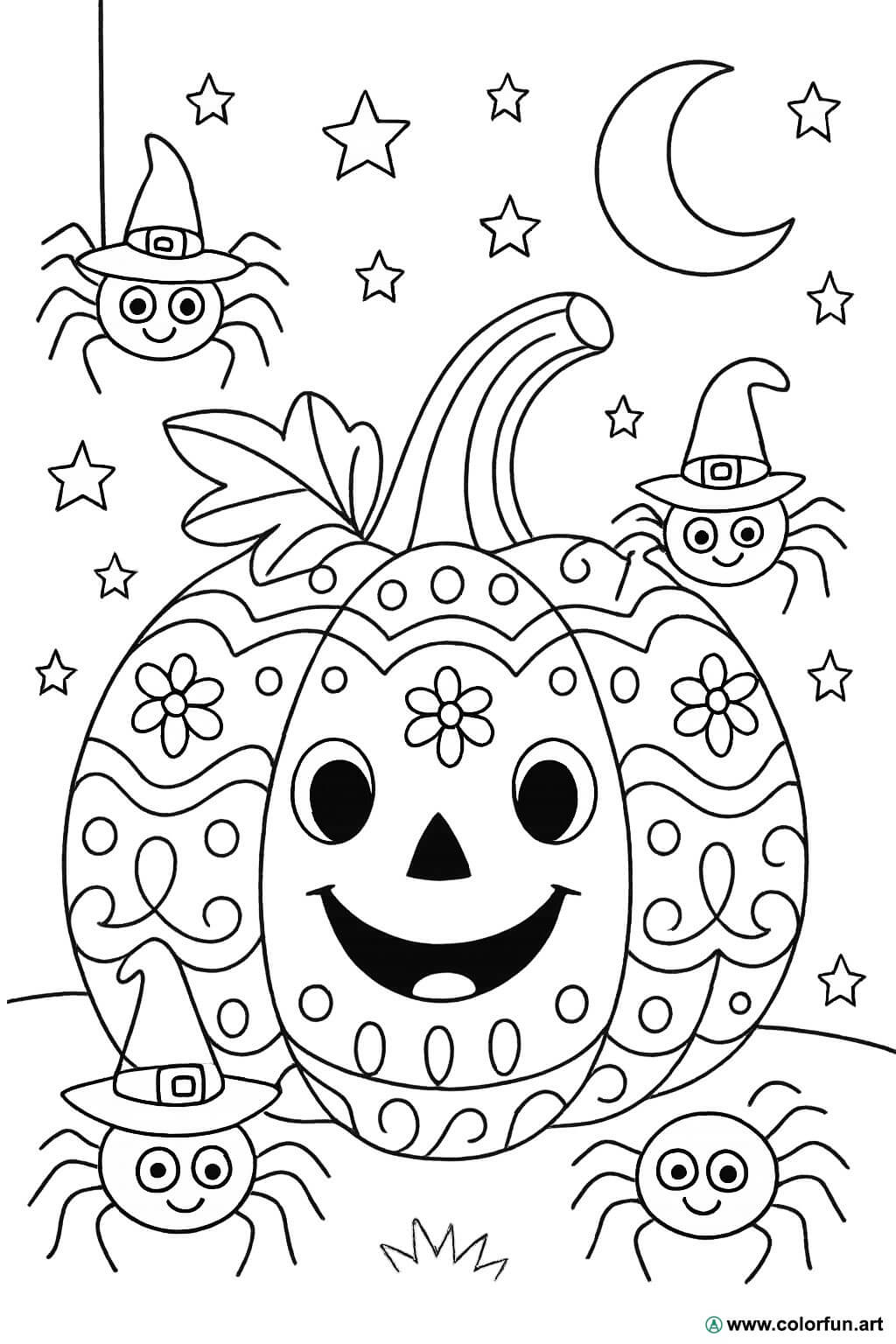 Halloween coloring page with pumpkin and spiders Download or Print for free