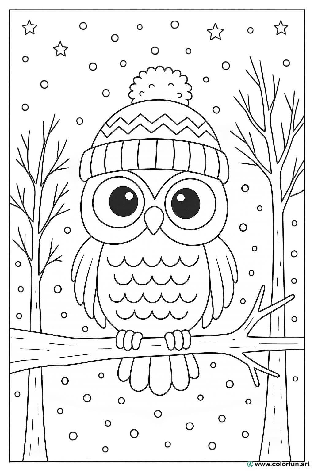 Coloring page of an owl in winter Download or Print for free