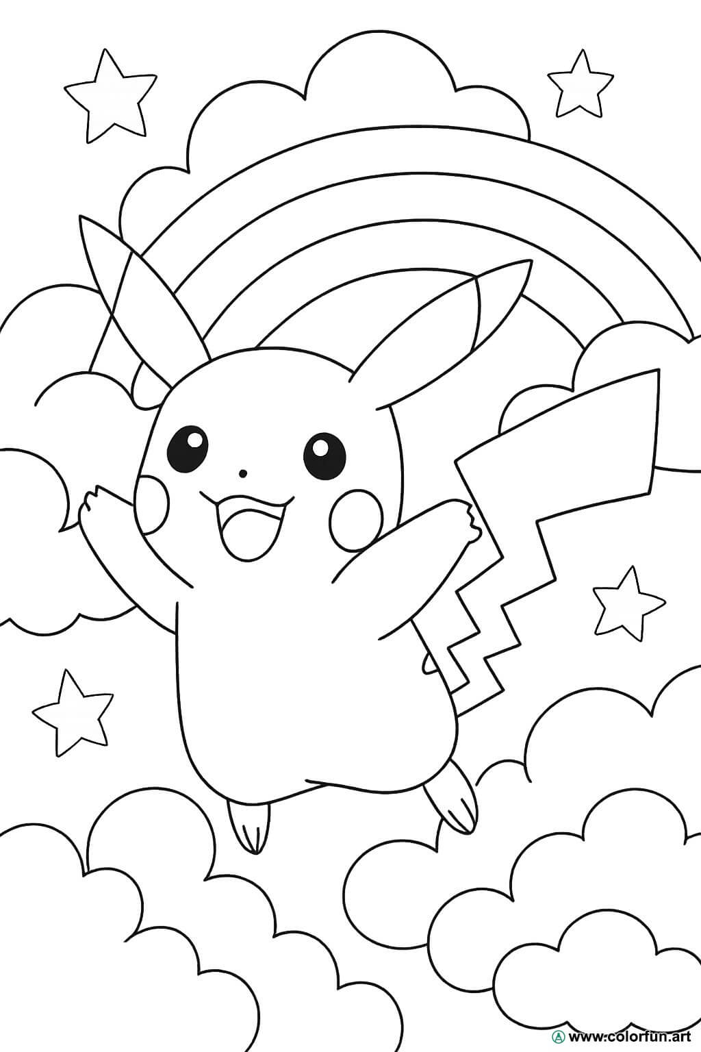 Planșă de colorat cu Pikachu în cer Descărcați sau tipăriți gratuit