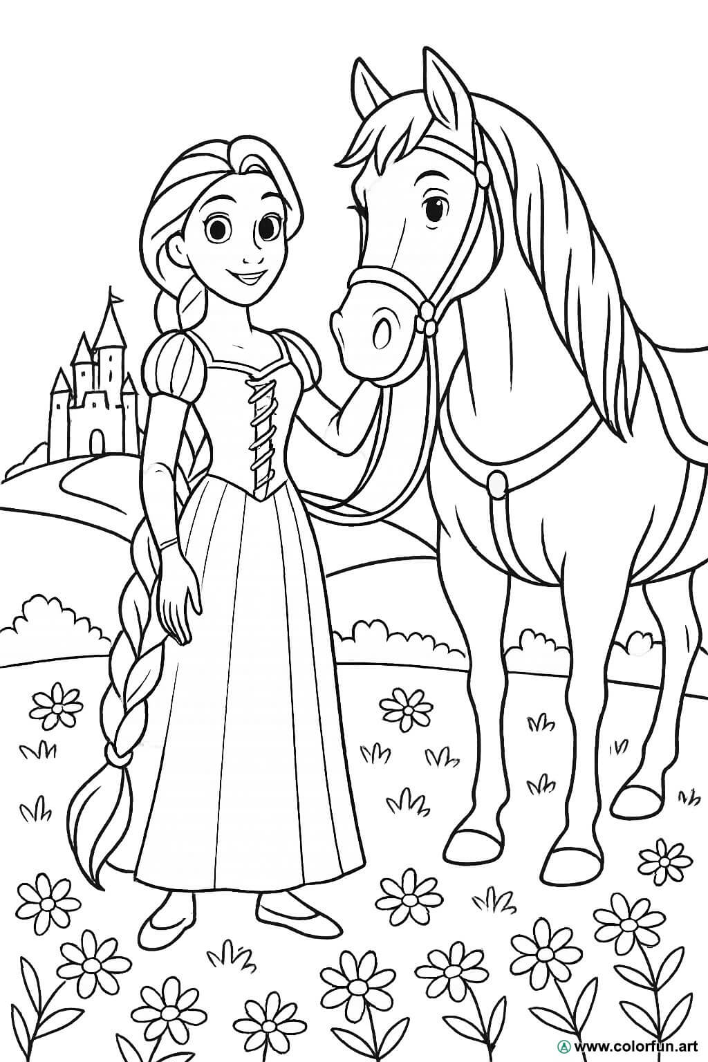 Dibujo para colorear de Rapunzel y su caballo Descargar o Imprimir de ...