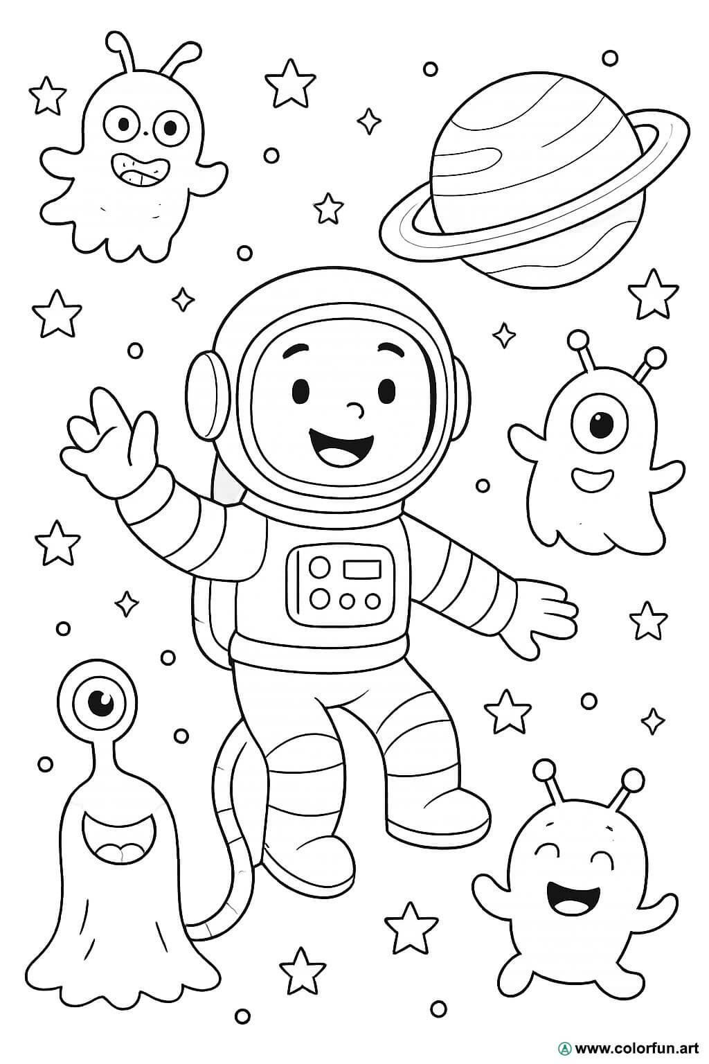 Coloring page of an astronaut with aliens Download or Print for free