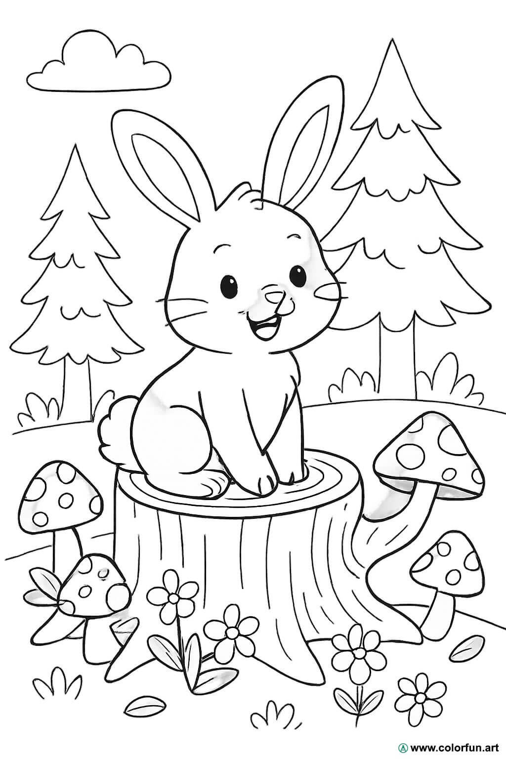 Coloriage d'un lapin dans la forêt à Télécharger ou à Imprimer gratuitement