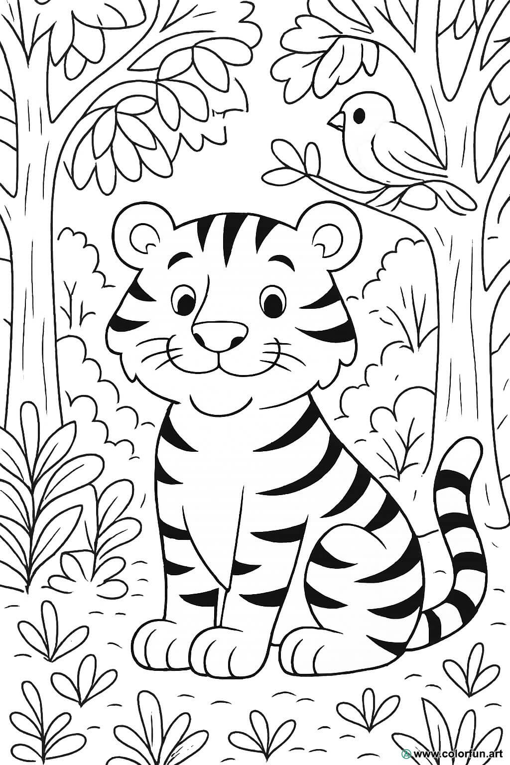 Coloriage d'un tigre dans la forêt à Télécharger ou à Imprimer gratuitement
