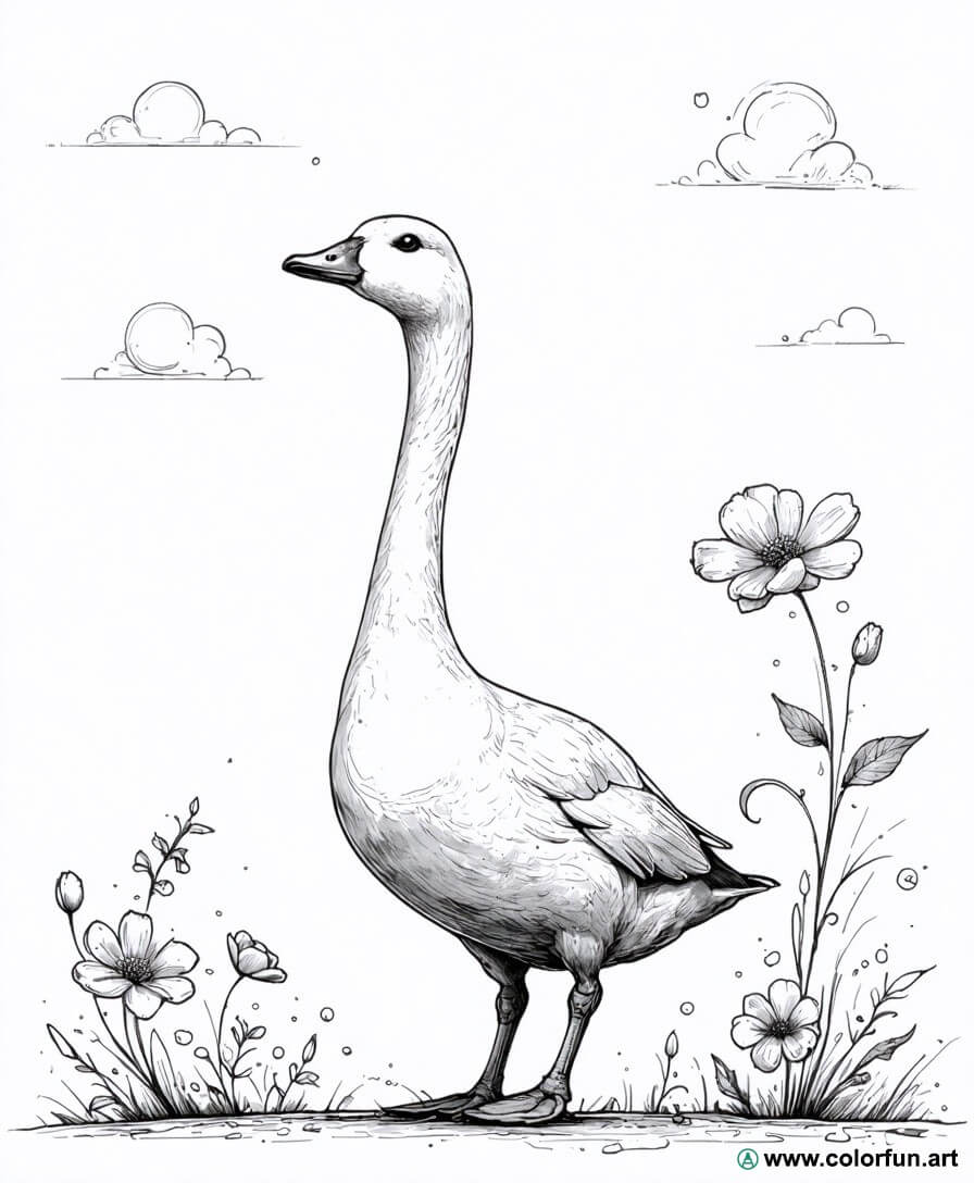 Coloring page of a goose with flowers Download or Print for free