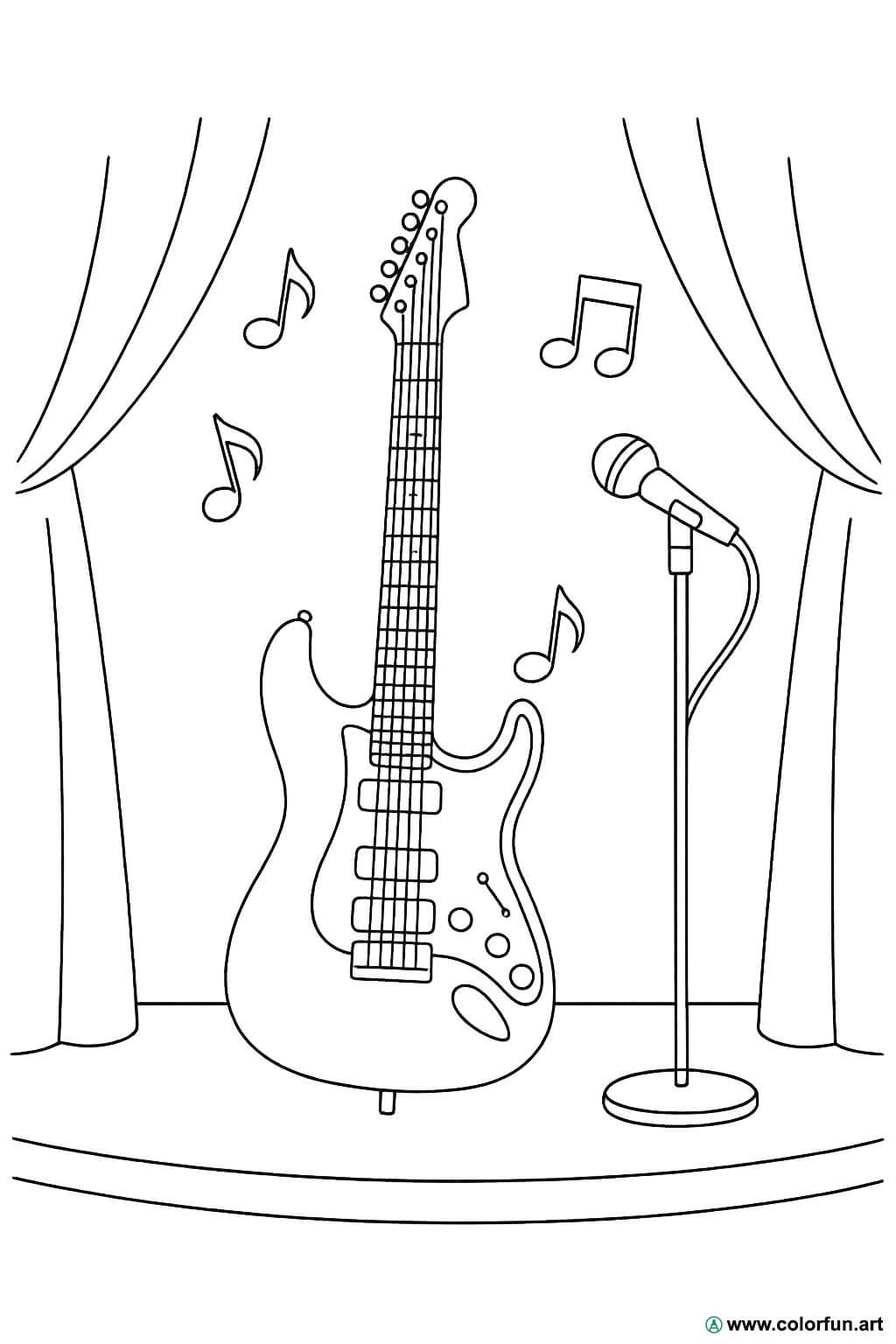 Coloring page of an electric guitar on stage Download or Print for free