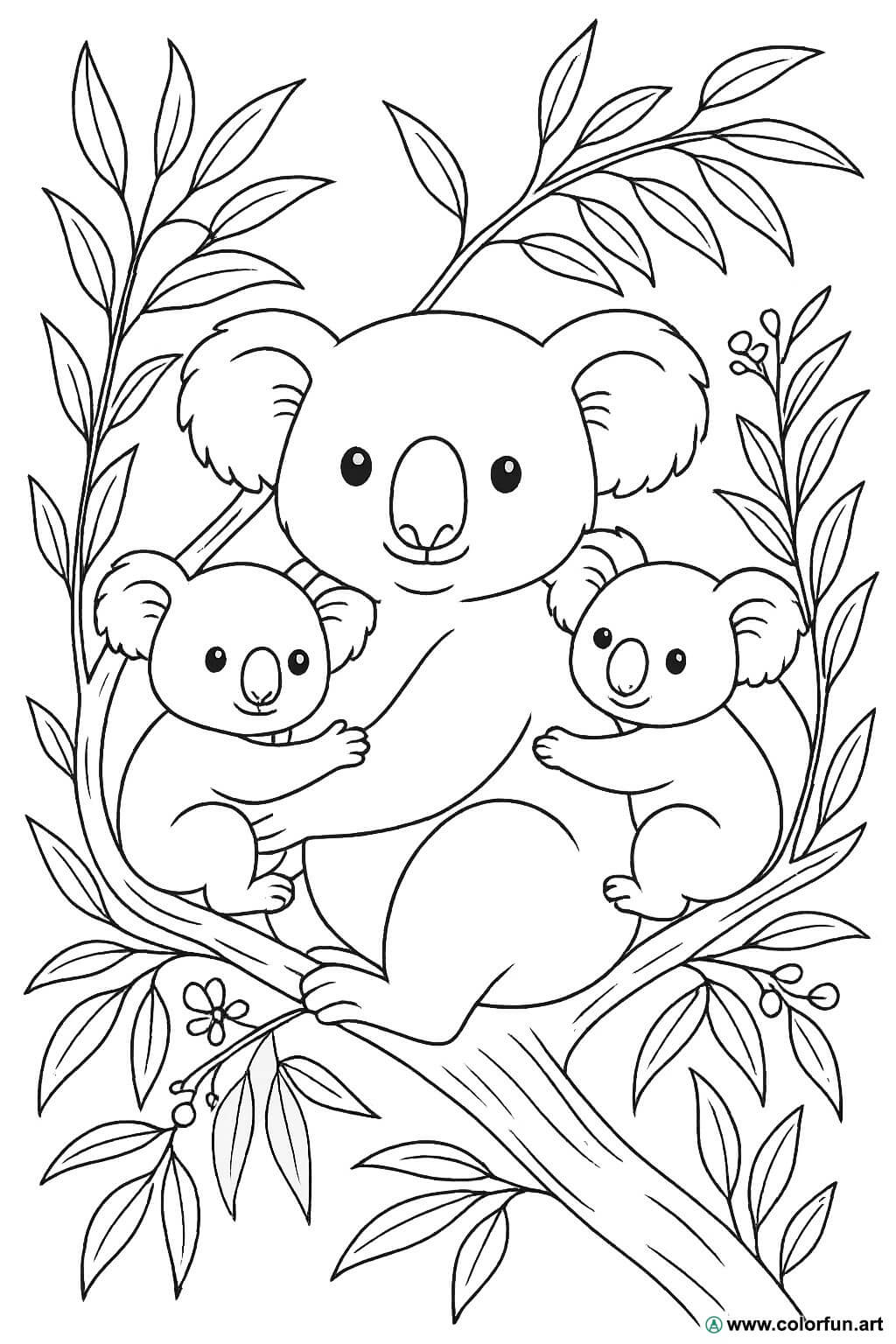 Coloriage d'une famille de koalas à Télécharger ou à Imprimer gratuitement