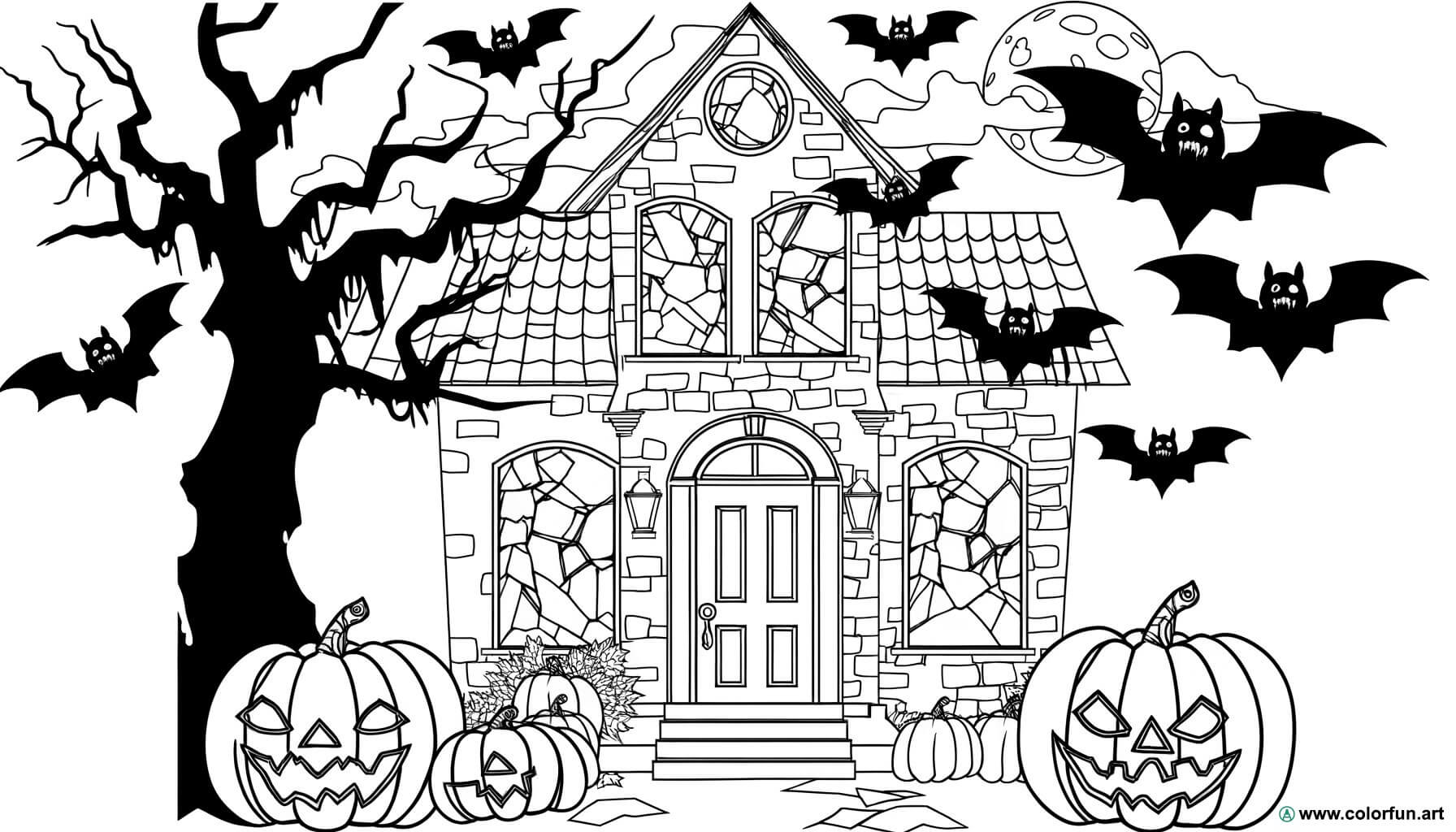 Coloriage de dessin pour Halloween : maison hantée à Télécharger ou à ...