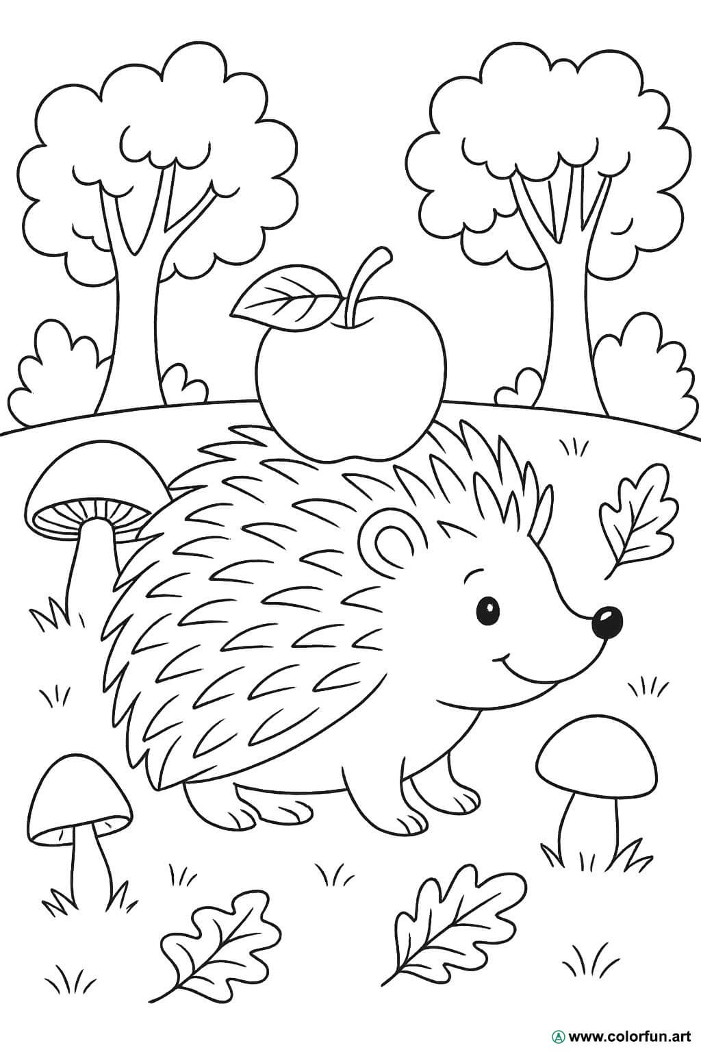 Coloring page of a hedgehog in the forest Download or Print for free