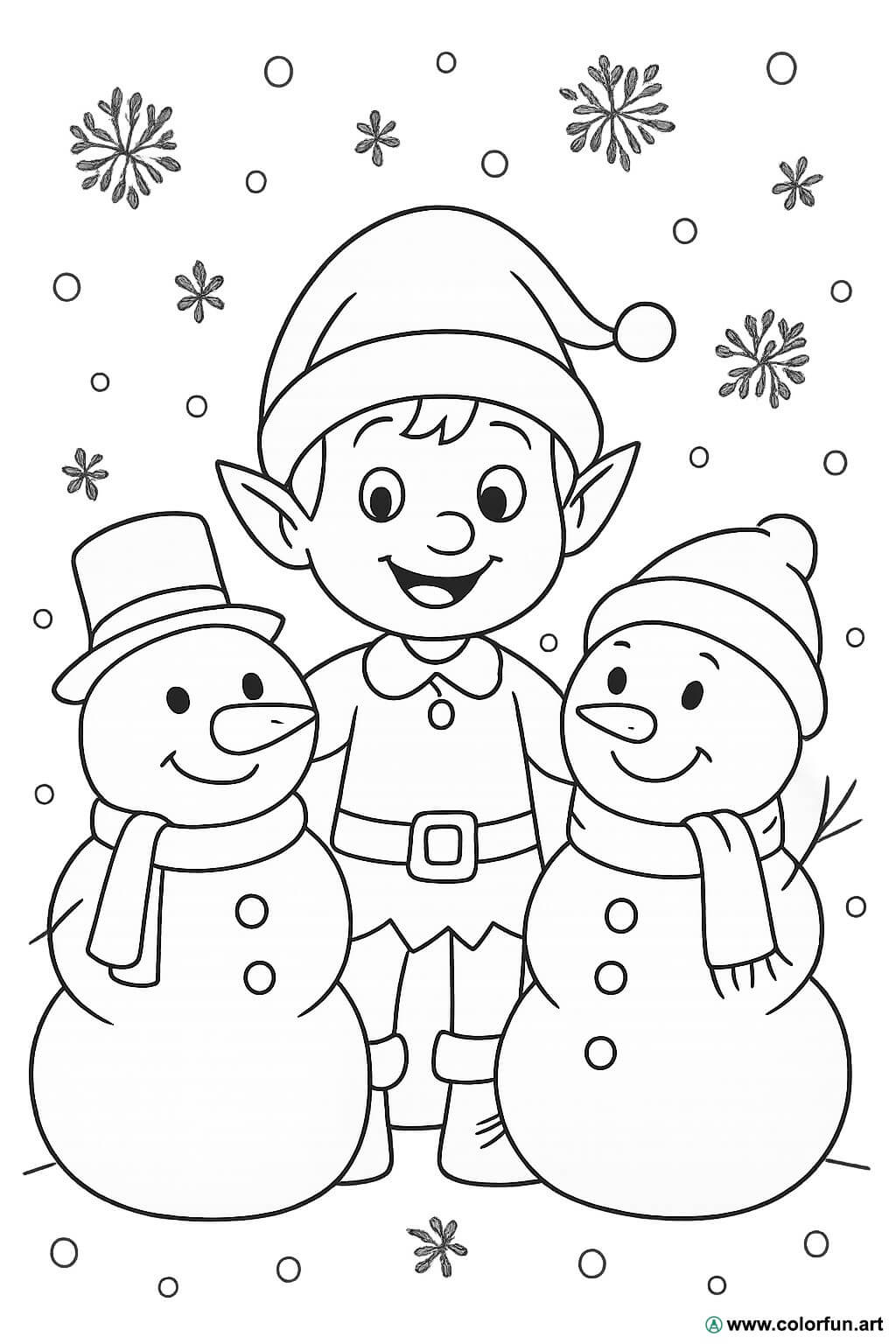 Coloriage de lutin de Noël avec des bonhommes de neige à Télécharger ou ...