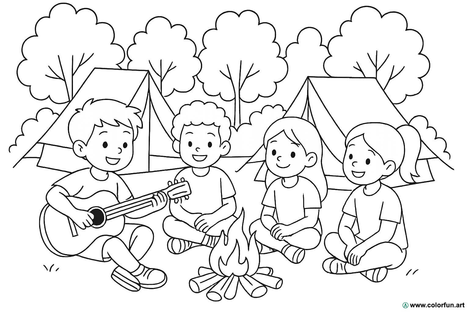 Camping coloring page: guitar around the campfire Download or Print for ...