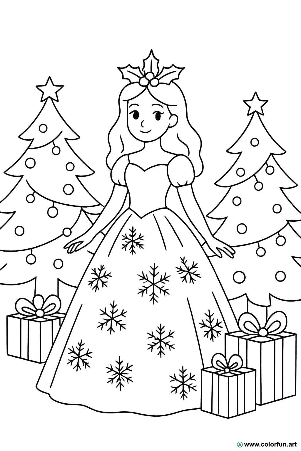 Coloriage de la princesse de Noël en robe à Télécharger ou à Imprimer ...