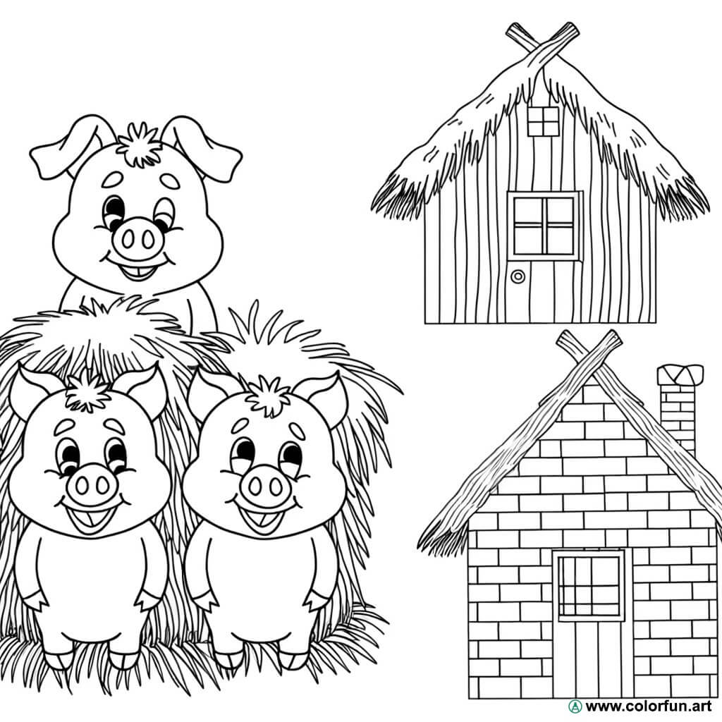 Easy coloring page of the three little pigs Download or Print for free