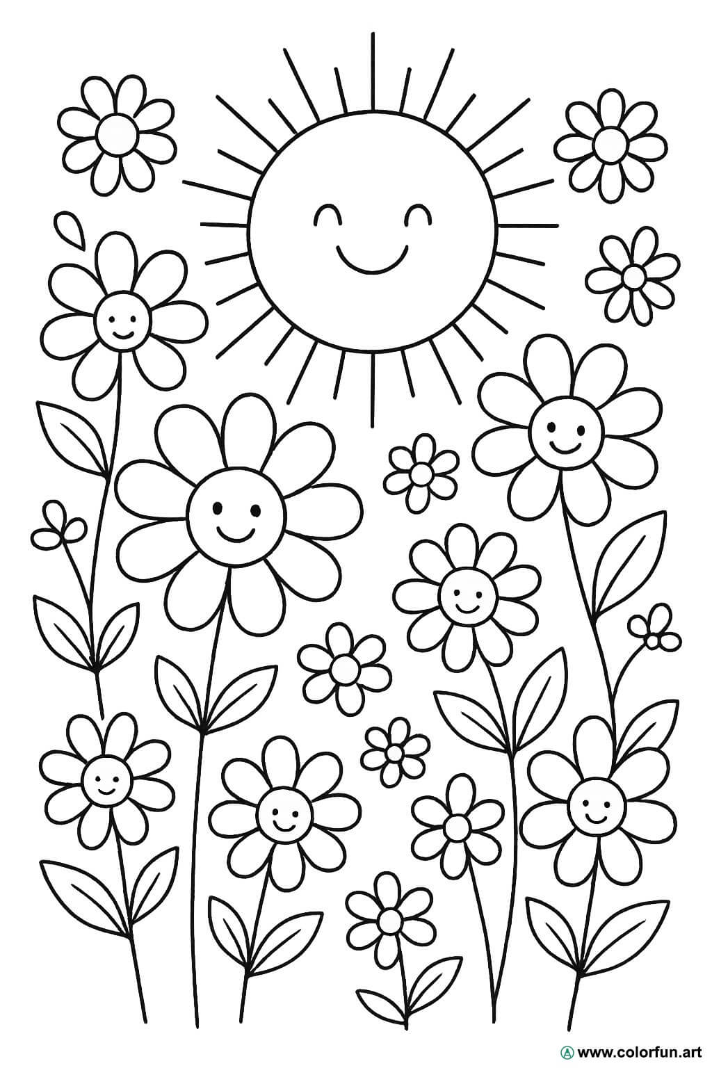 Coloring page of the sun and flowers Download or Print for free