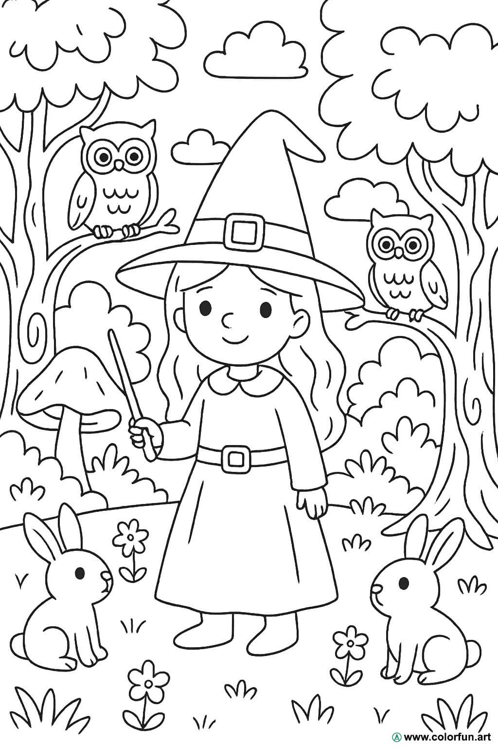 Coloring page of a witch in the forest Download or Print for free