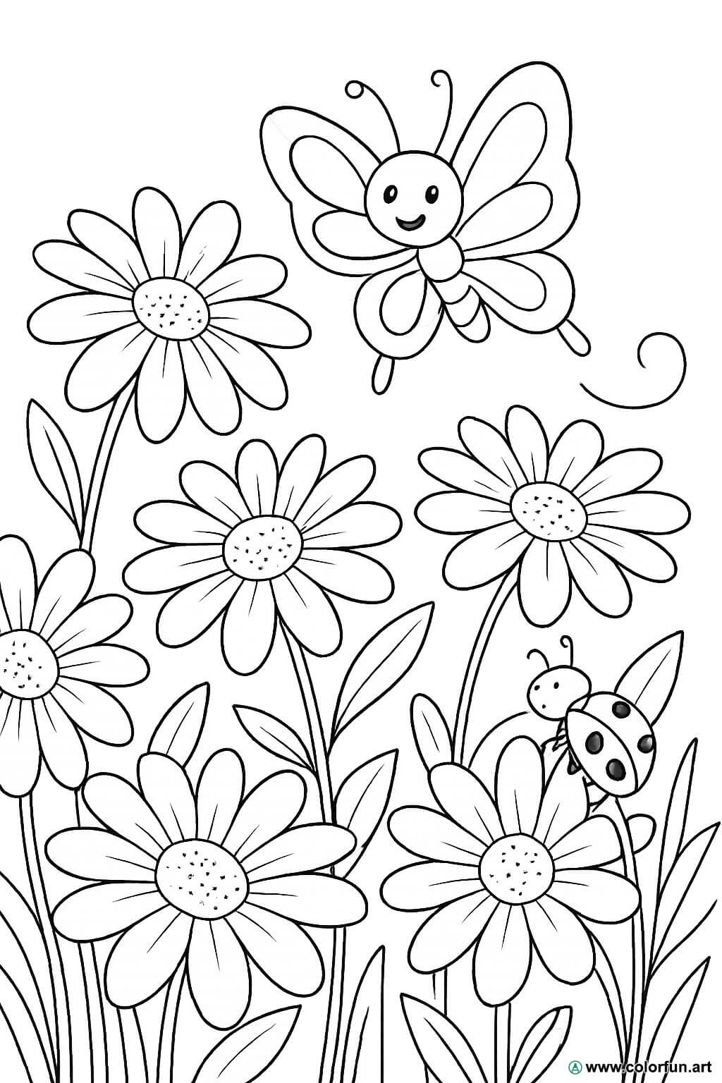 Coloring page of flowers and animals Download or Print for free