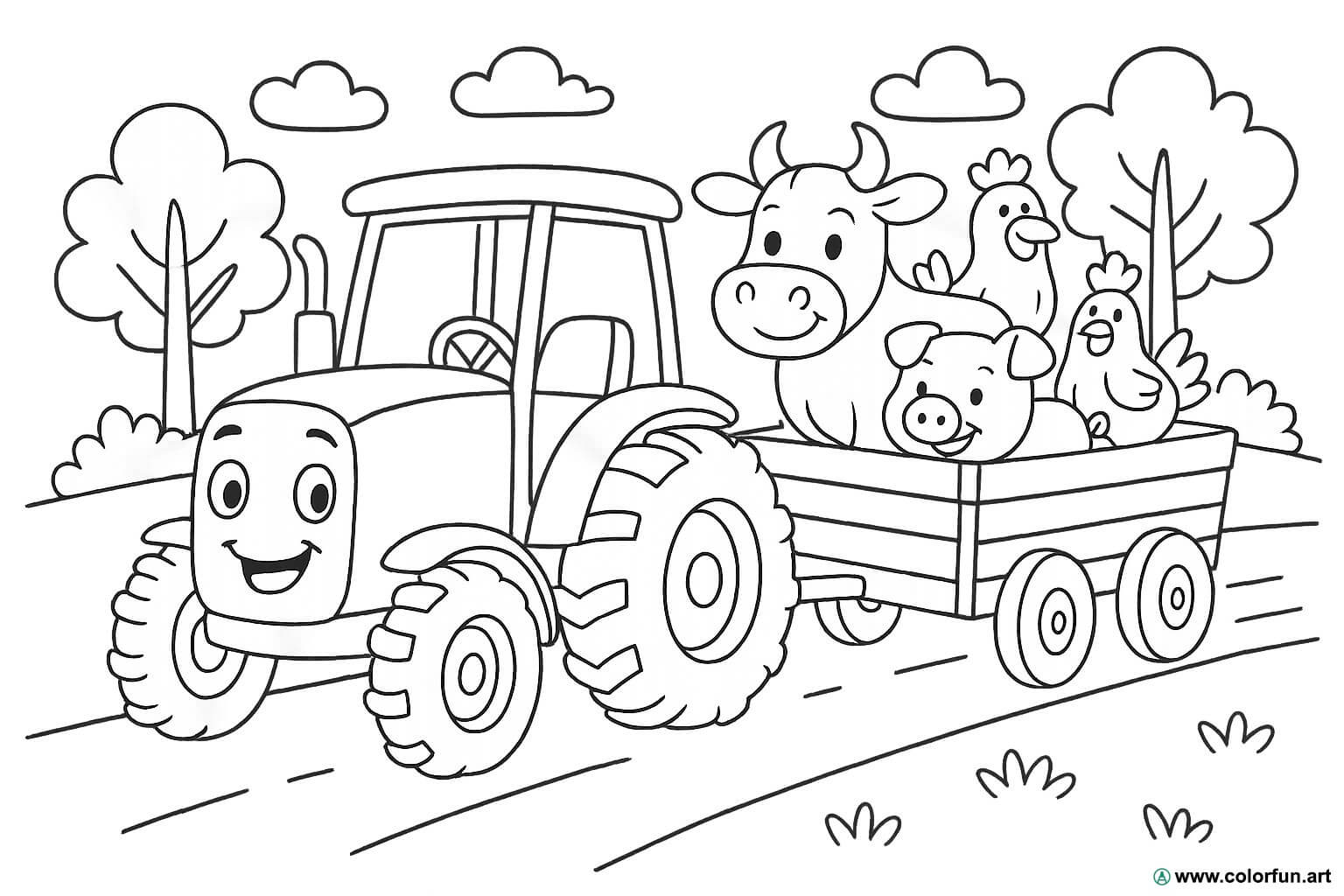 Dibujo para colorear de tractor, remolque y animales de la granja ...