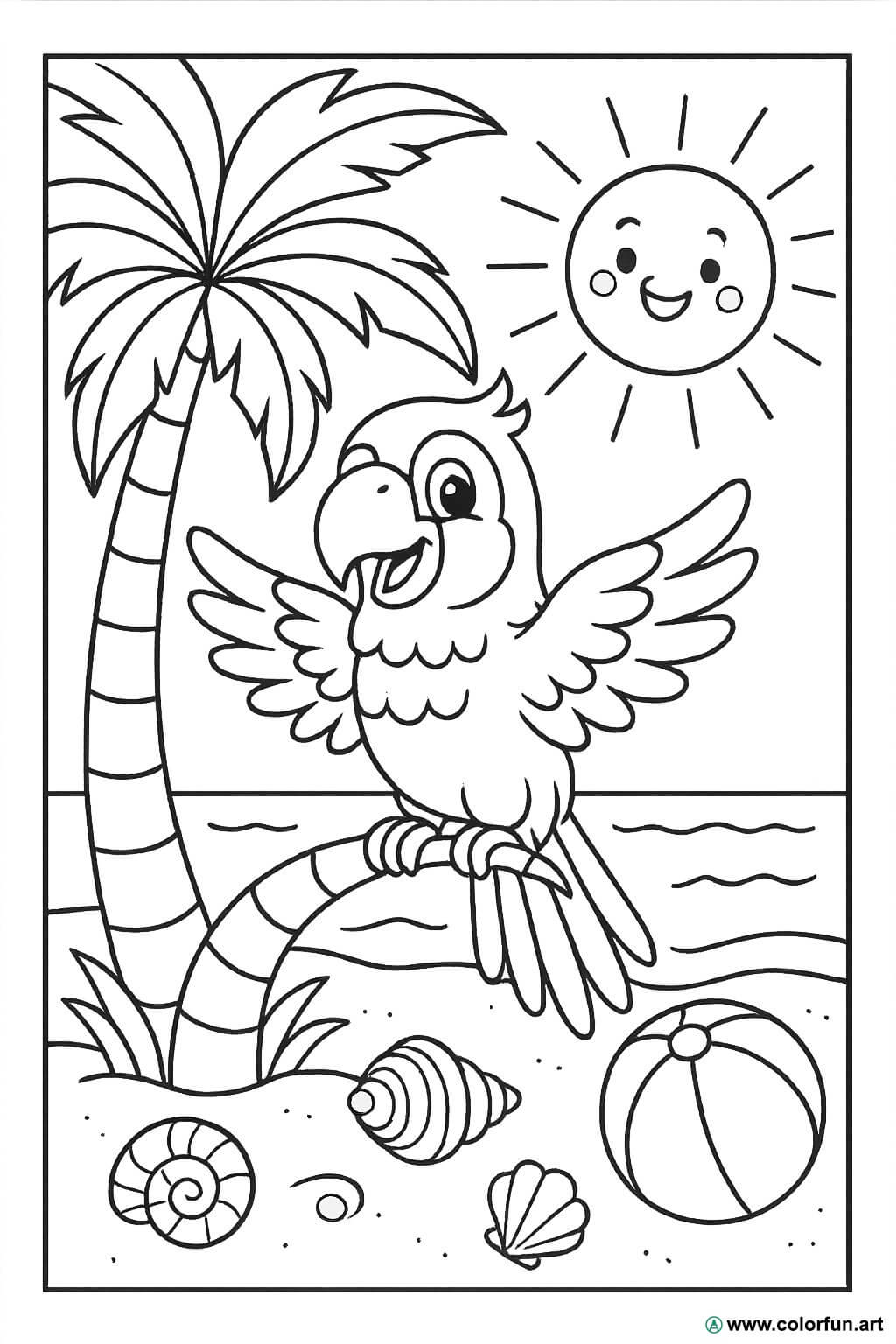 Coloring page of a parrot at the beach Download or Print for free