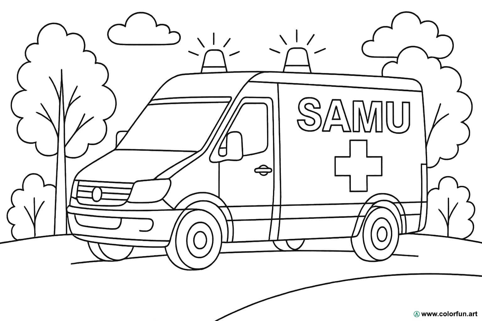 Ausmalbild des SAMU-Rettungswagens Kostenloser Download oder Ausdruck verfügbar.