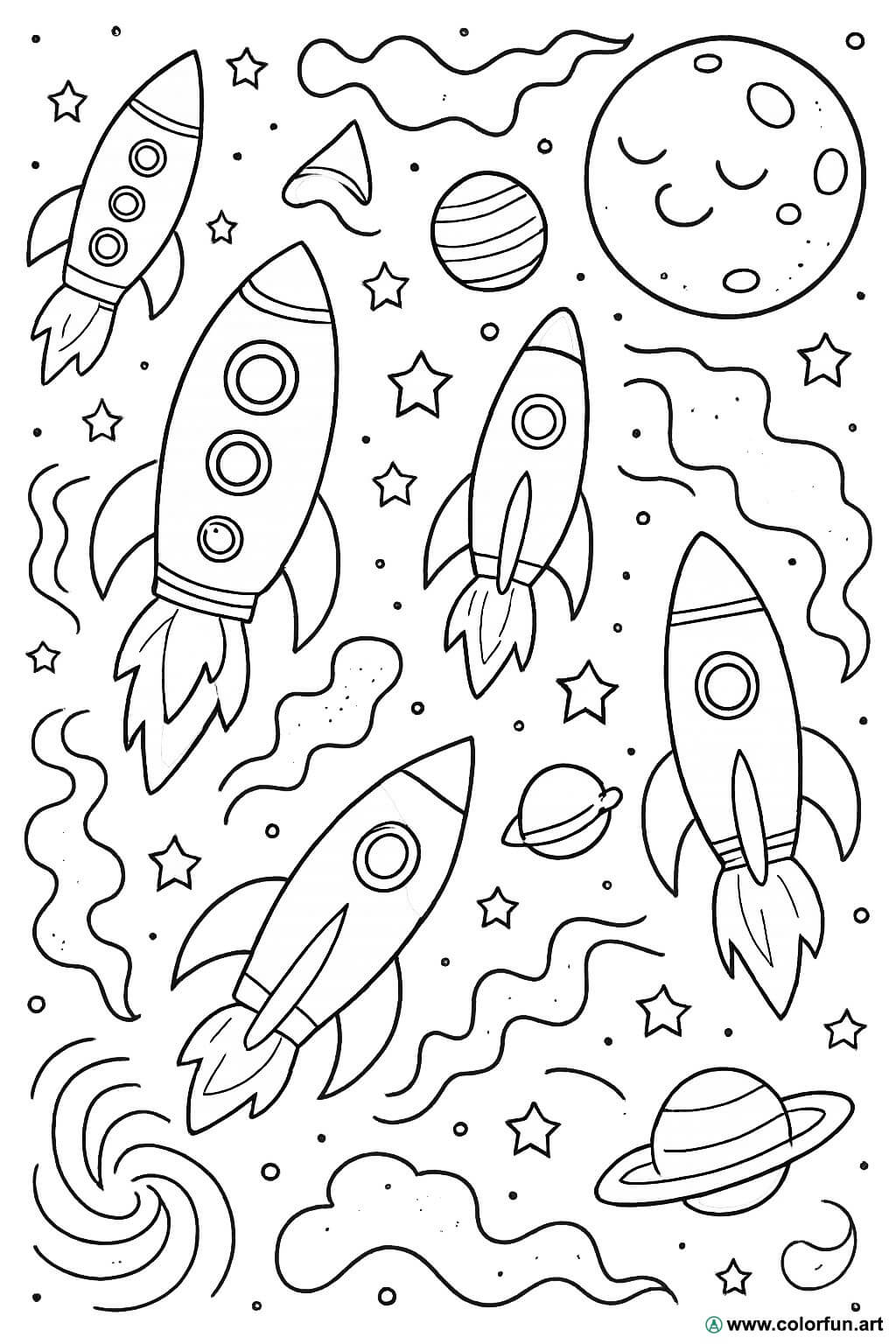 Rocket coloring page in space Download or Print for free