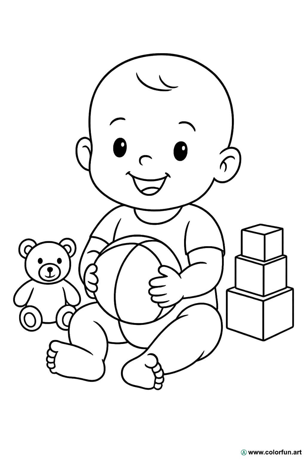 Coloring page of a human baby with a ball Download or Print for free