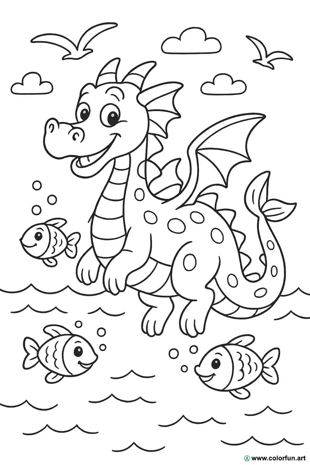 Coloring page of a dragon at the sea Download or Print for free