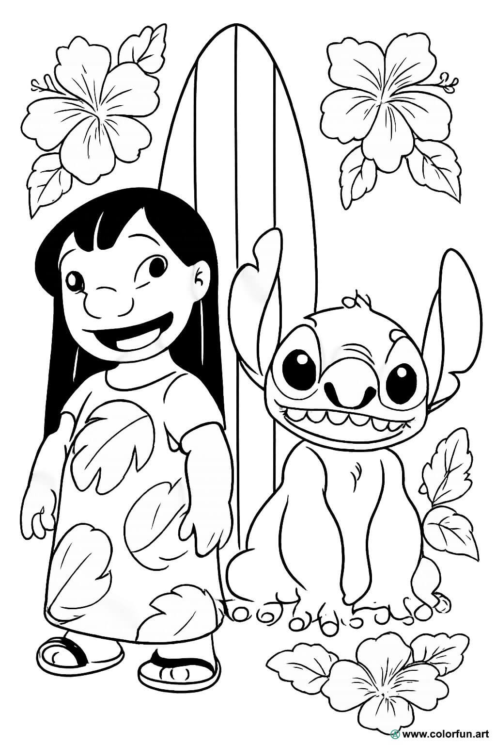 Coloriage simple de Lilo et Stitch à Télécharger ou à Imprimer gratuitement