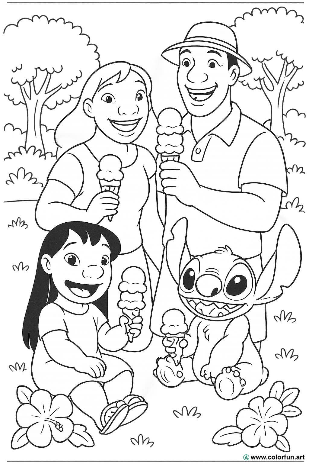 Ausmalbild von Lilo und Stitch in der Familie Kostenloser Download oder ...