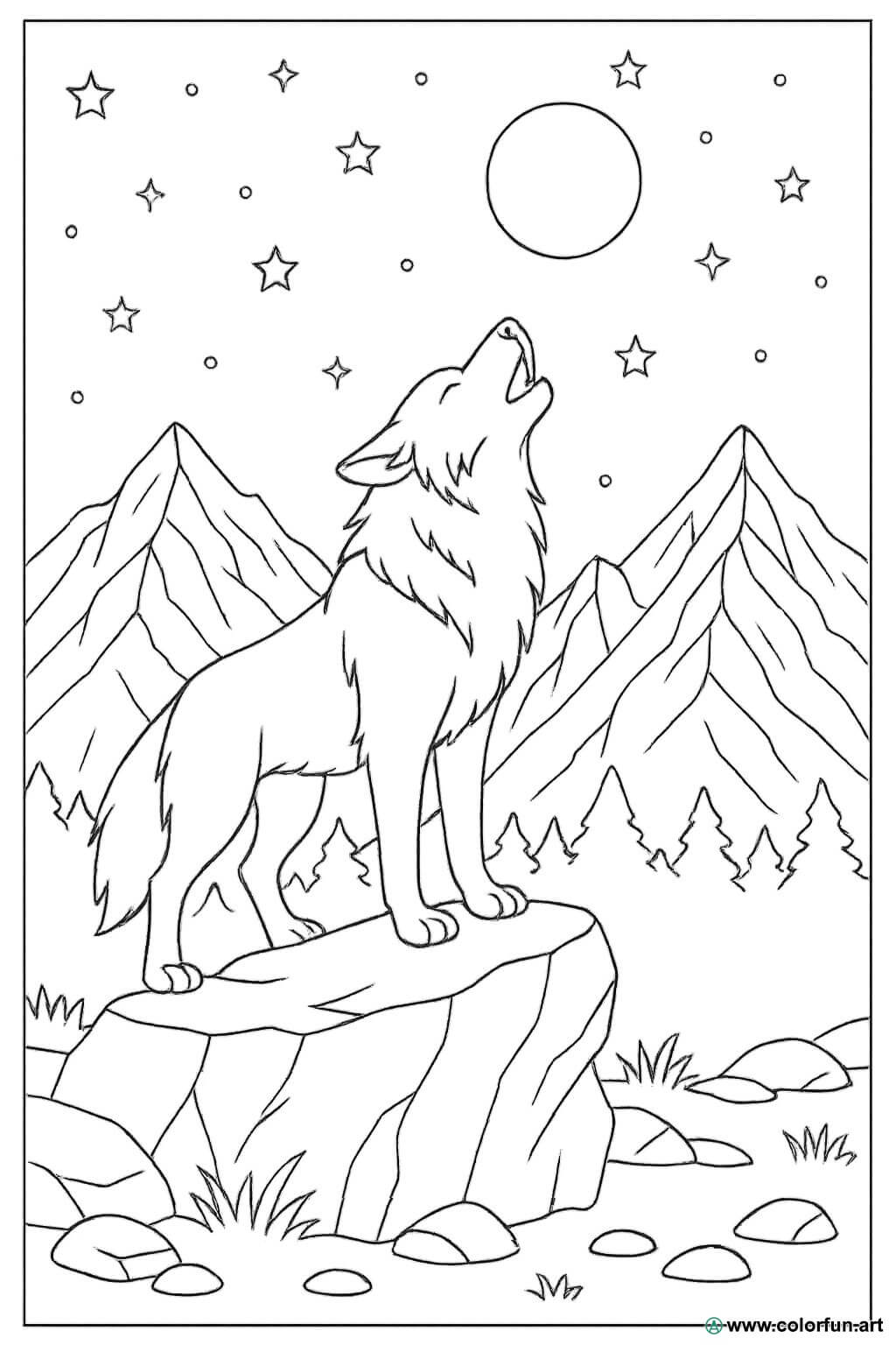 Coloring page of the wolf howling at the mountains Download or Print for free