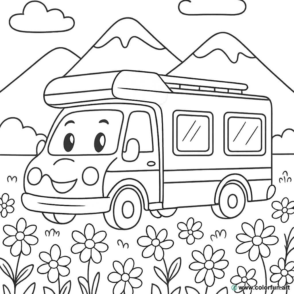 Camping van and flower coloring page Download or Print for free
