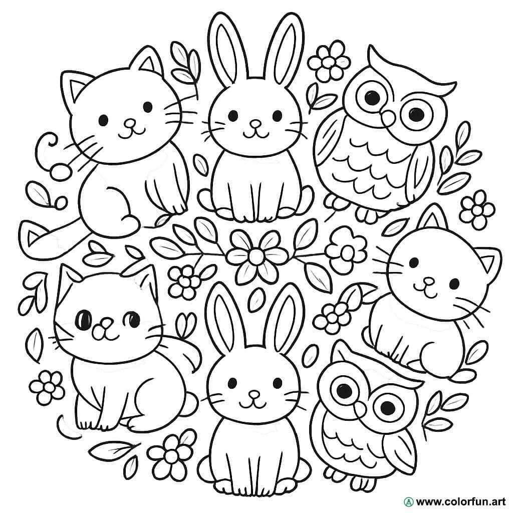 Mandala coloring page with cute animal patterns Download or Print for free