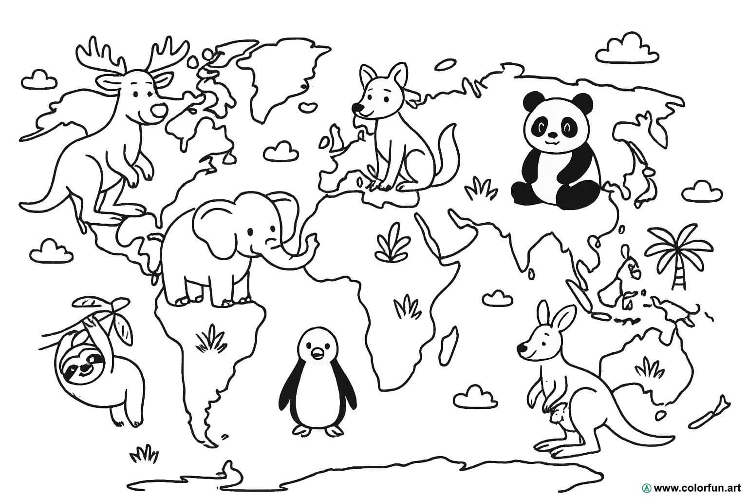 Dibujo para colorear del mapa del mundo temático Descargar o Imprimir ...