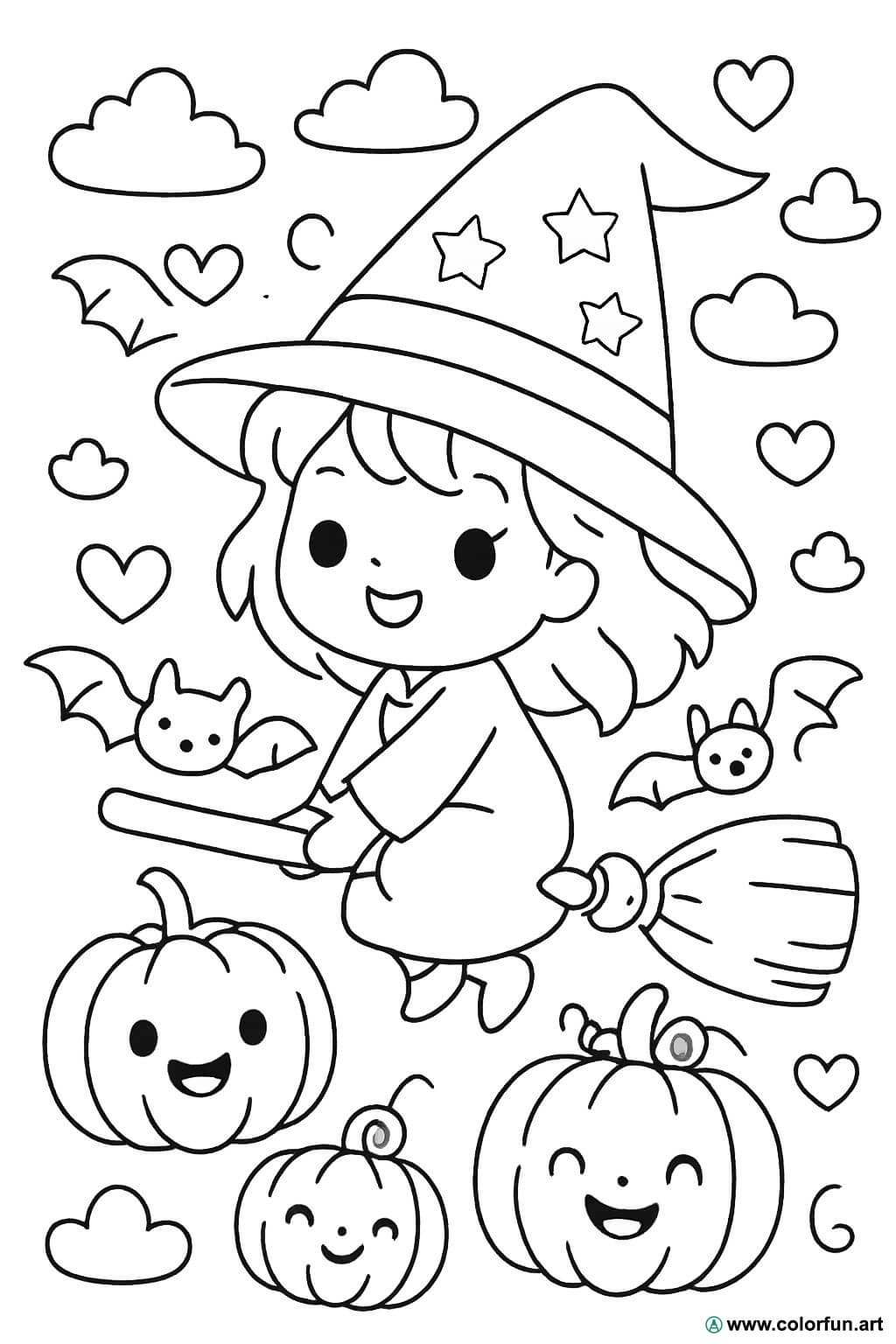Kawaii witch coloring page for Halloween Download or Print for free