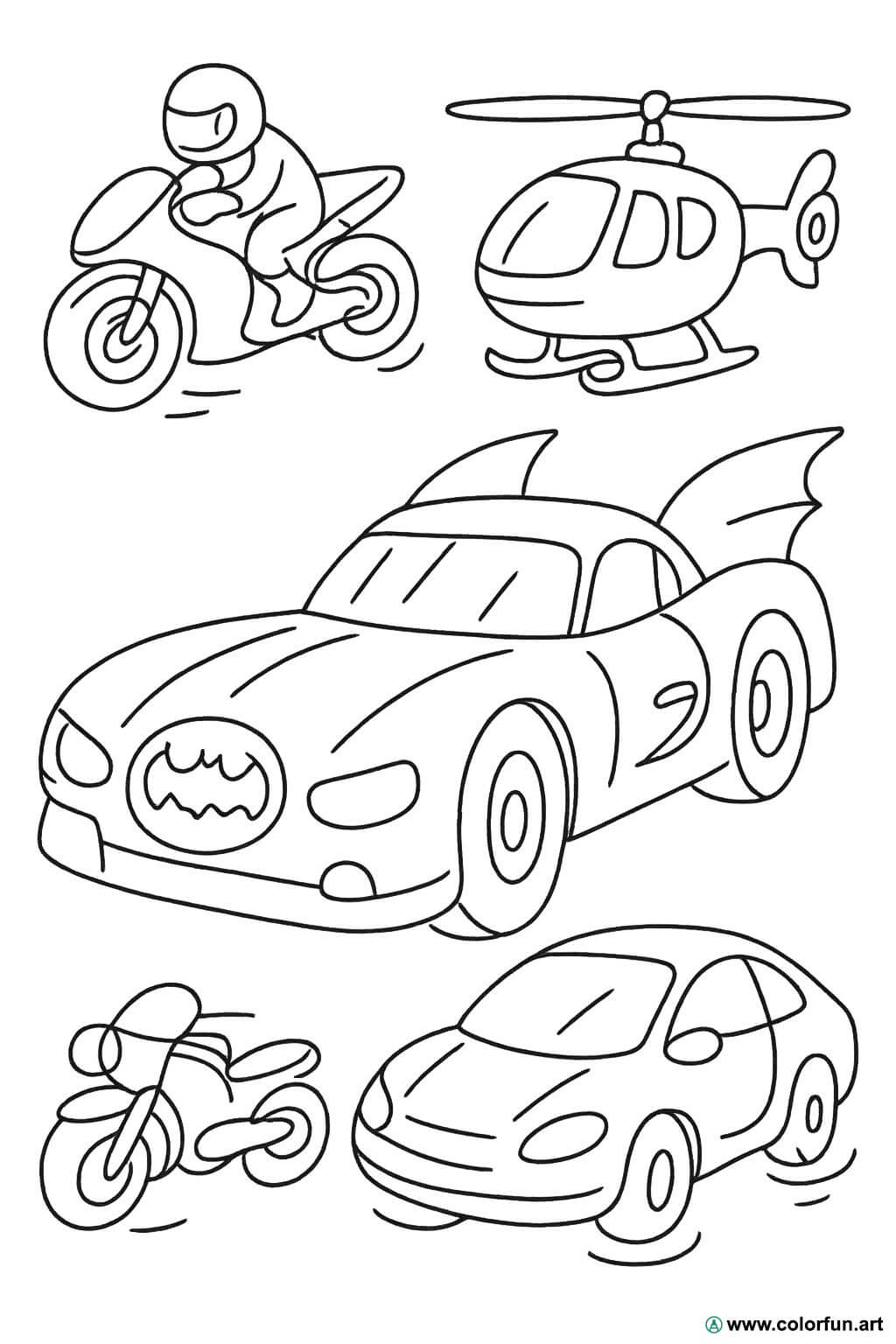 Planșă de colorat cu Batmobile și alte vehicule Descărcați sau tipăriți ...