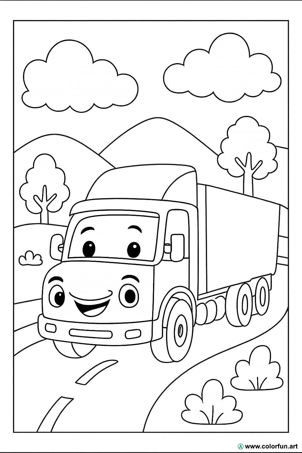 Coloring page of a truck on the road Download or Print for free