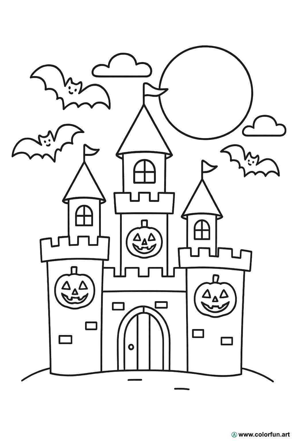 Halloween coloring page: bat and haunted castle Download or Print for free