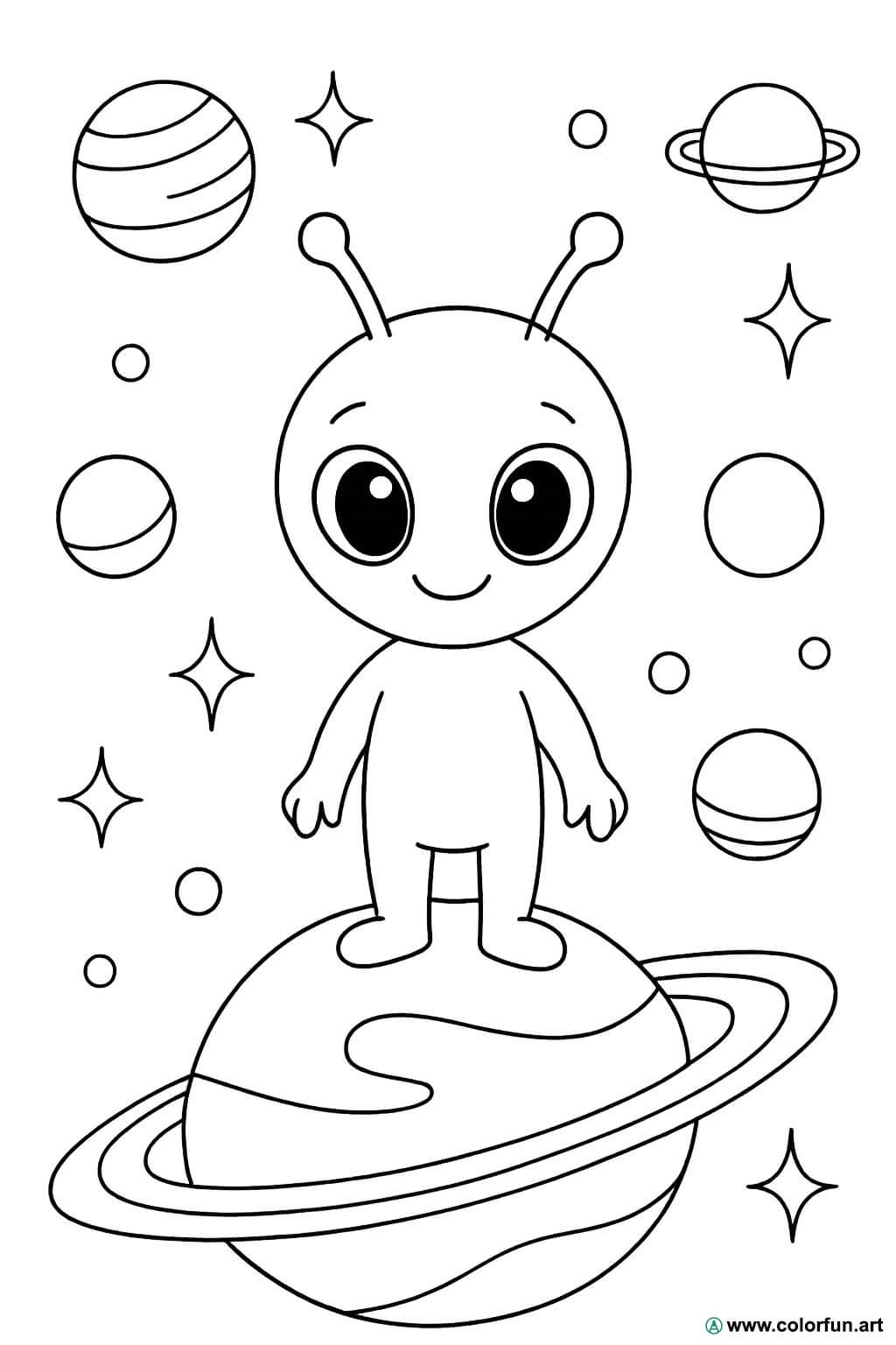 Coloring page of an alien and planets Download or Print for free