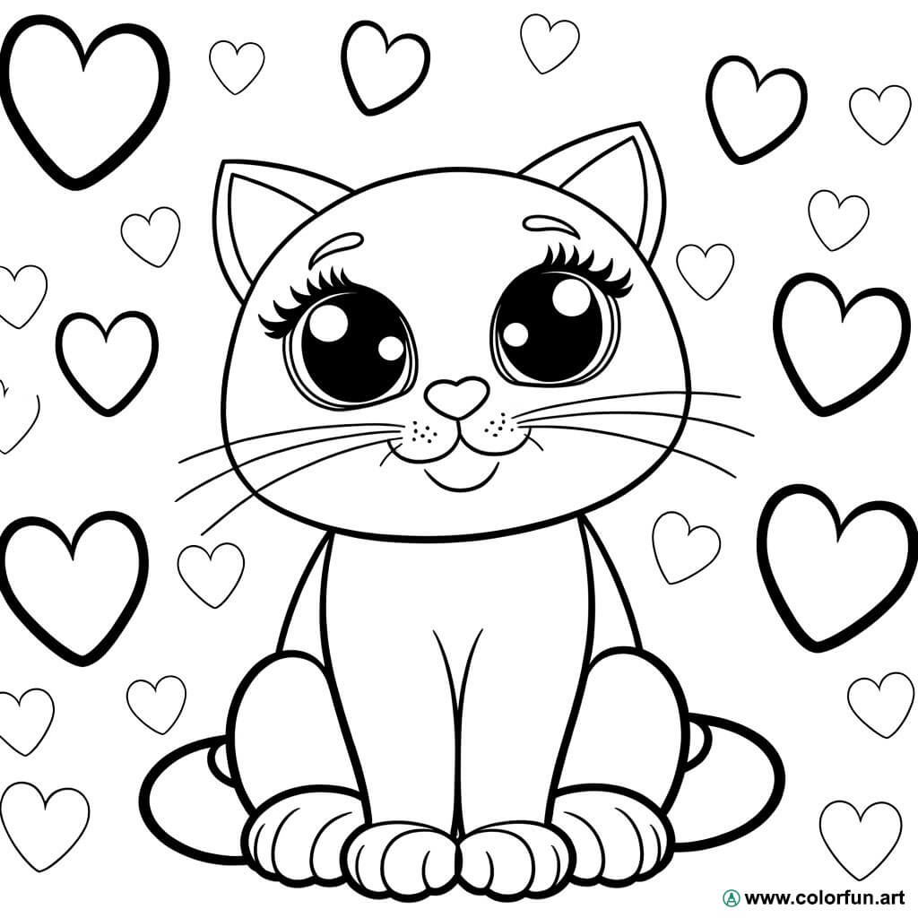 Coloriage de chat avec des cœurs à Télécharger ou à Imprimer gratuitement
