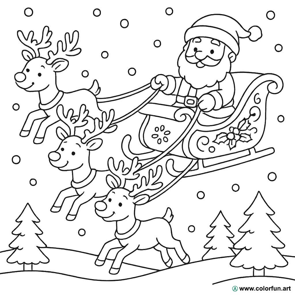 Coloriage du Père Noël, du traîneau et des rennes à Télécharger ou à ...