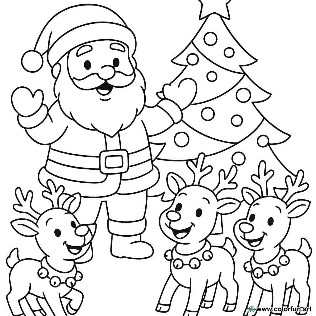 Coloriage du Père Noël avec ses rennes et un sapin à Télécharger ou à ...