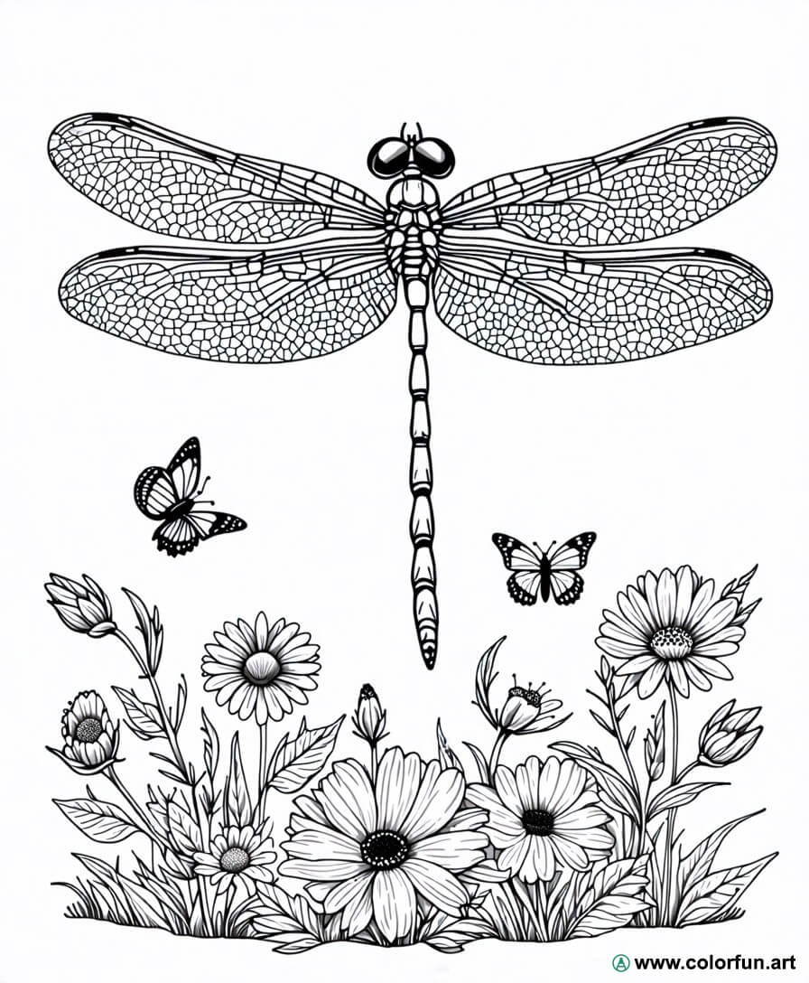 Dibujo para colorear de libélula y flores Descargar o Imprimir de forma ...
