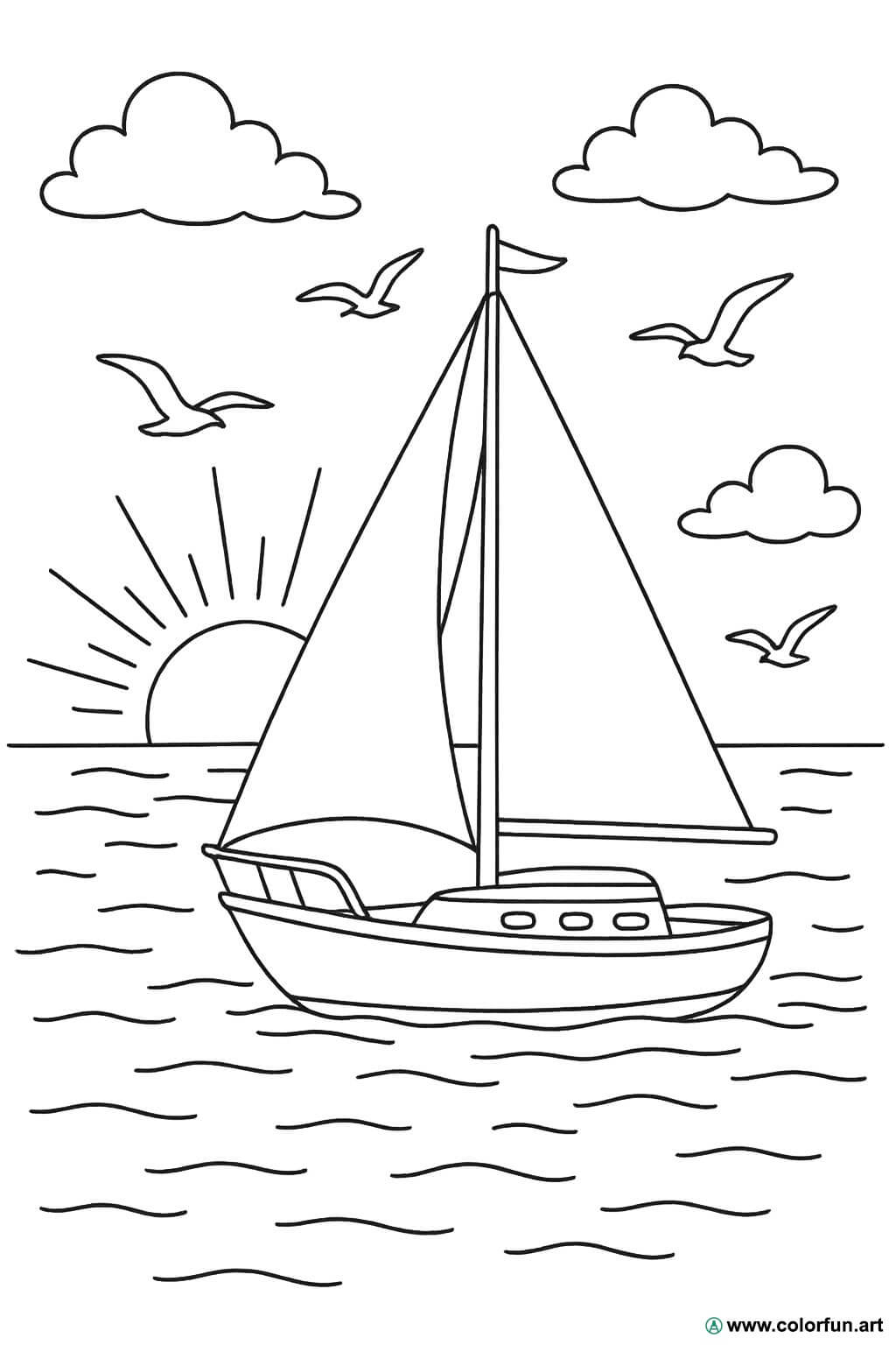 Disegno da colorare di una barca al tramonto Scarica o Stampa gratuitamente